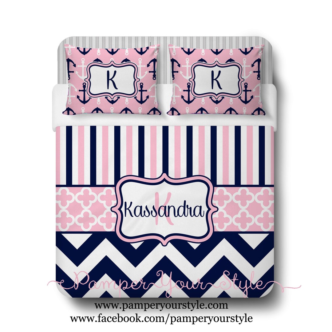 Custom Designed Striped and Chevron-pink and Navy Nautical Bedding ...