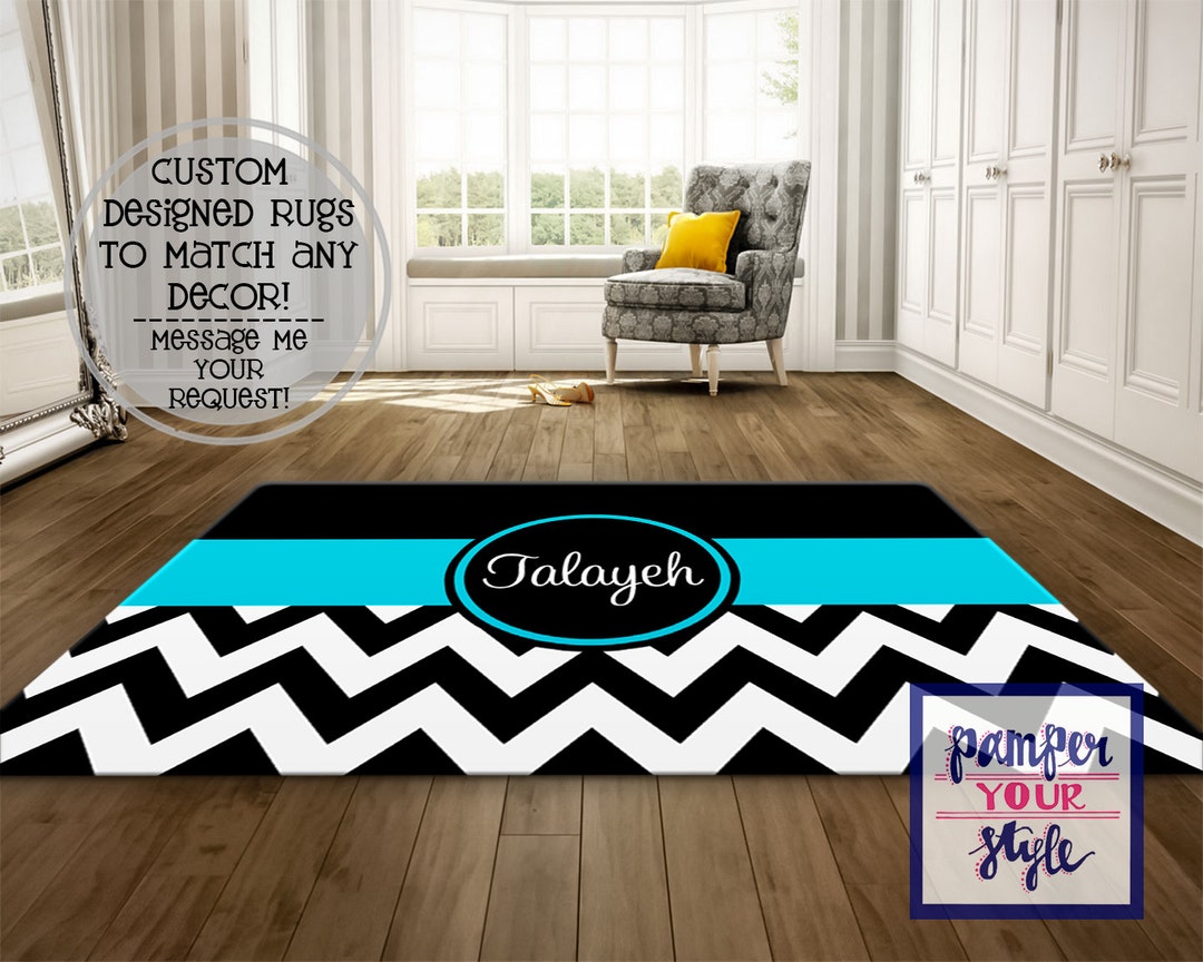 Personalized Area Rug - Black and Aqua Chevron Custom Rug - Etsy