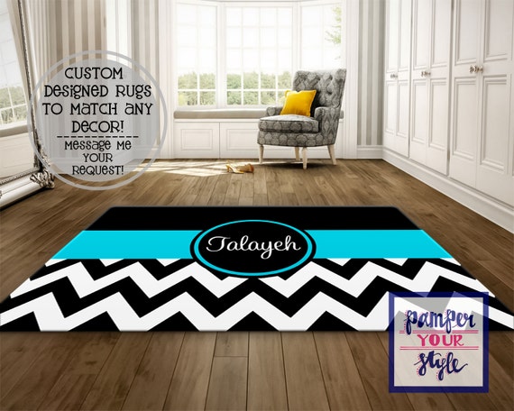 Personalized Area Rug Black and Aqua Chevron Custom Rug | Etsy
