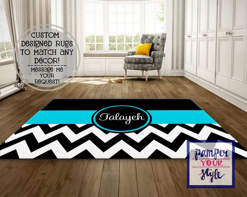Personalized Area Rug Black and Aqua Chevron Custom Rug - Etsy