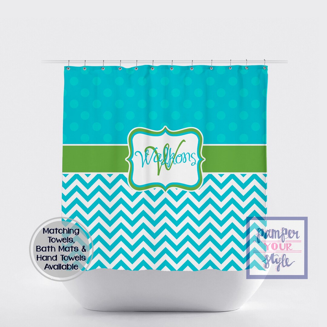 Chevron and Polka Dot Personalized Shower Curtain - Turquoise and Lime ...