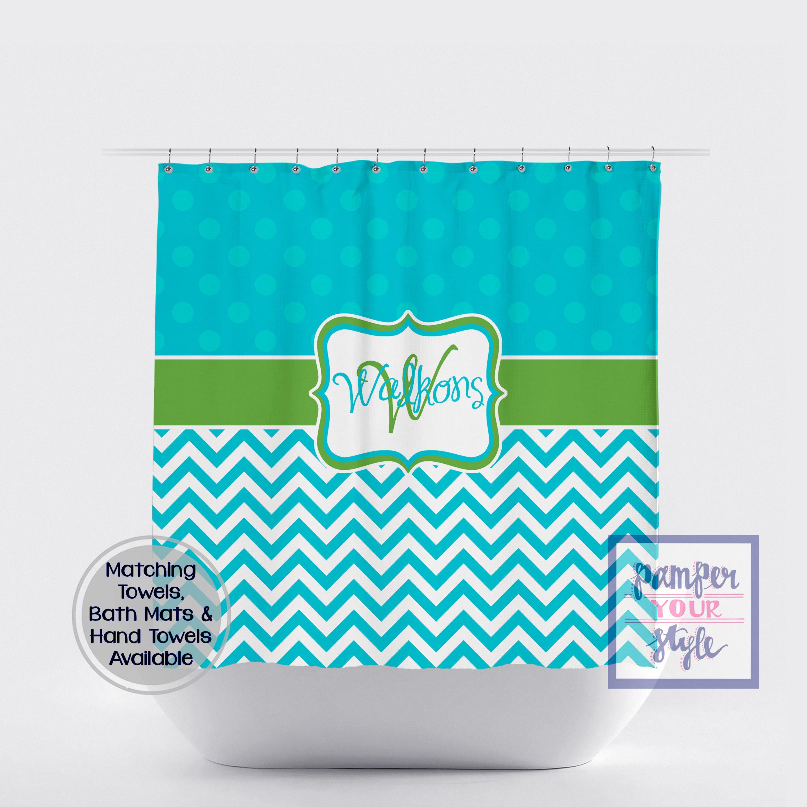 Chevron And Polka Dot Personalized Shower Curtain Turquoise Etsy