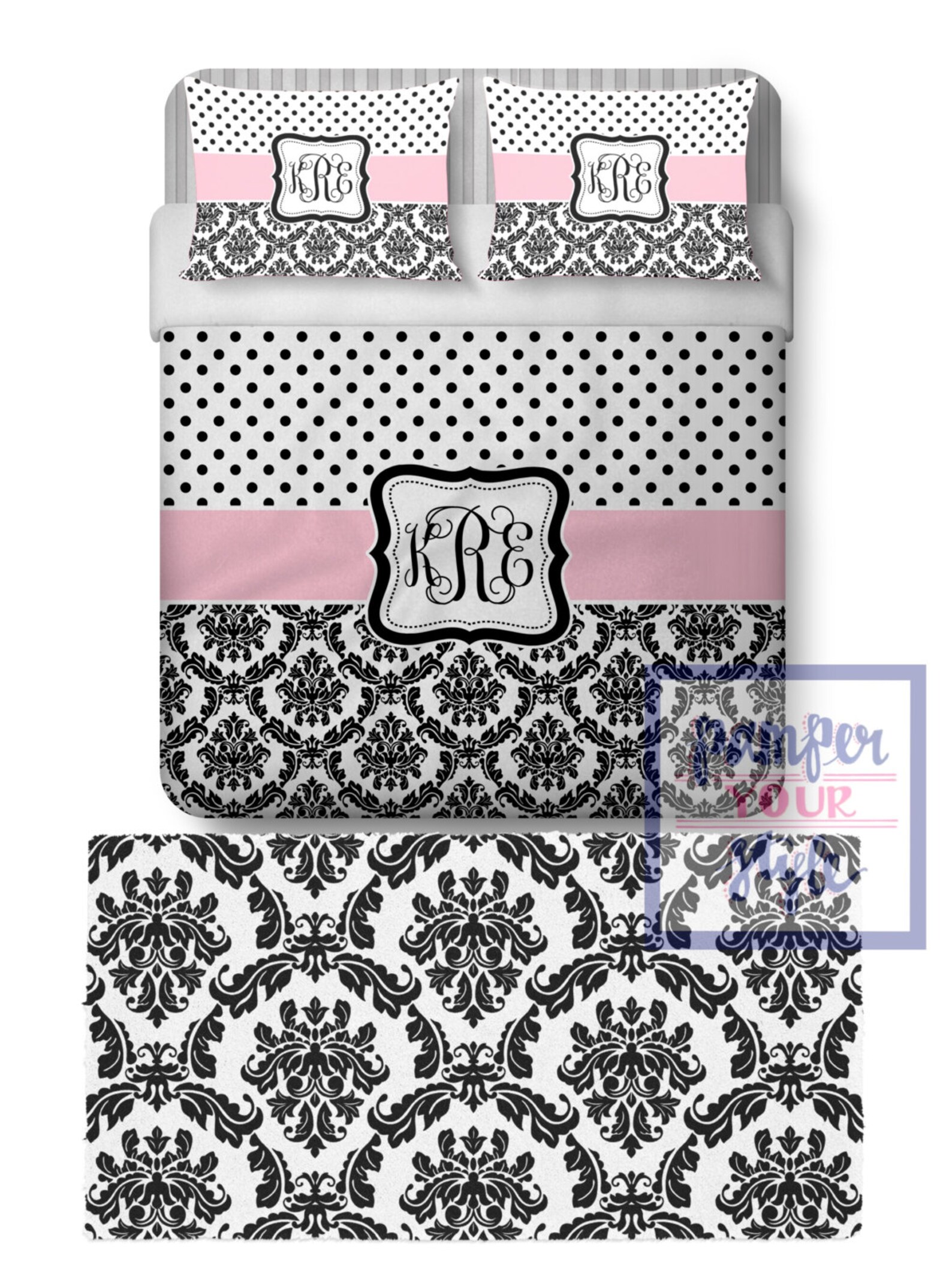 Custom Polka Dot and Damask Monogrammed Comforter or Duvet | Etsy