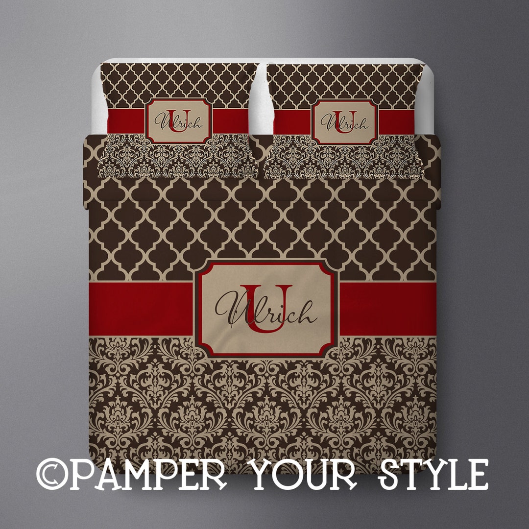 Monogram Bedding Comforter or Duvet Brown and Red Bedroom Decor Damask ...