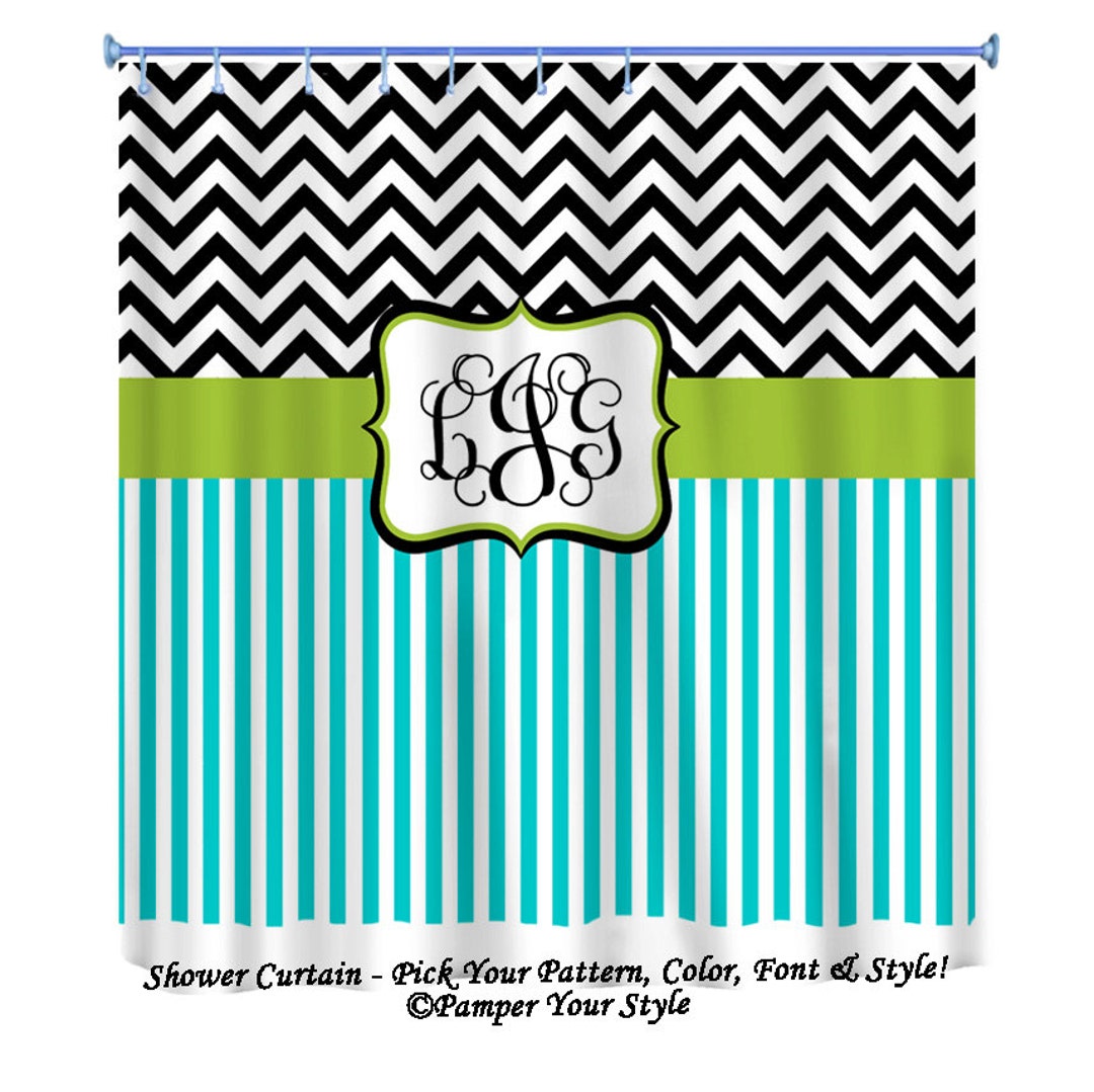 Chevron and Stripe Monogrammed Shower Curtain - Black, Turquoise and ...