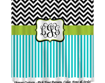 Chevron and Damask Black White & Blue Monogrammed Shower - Etsy