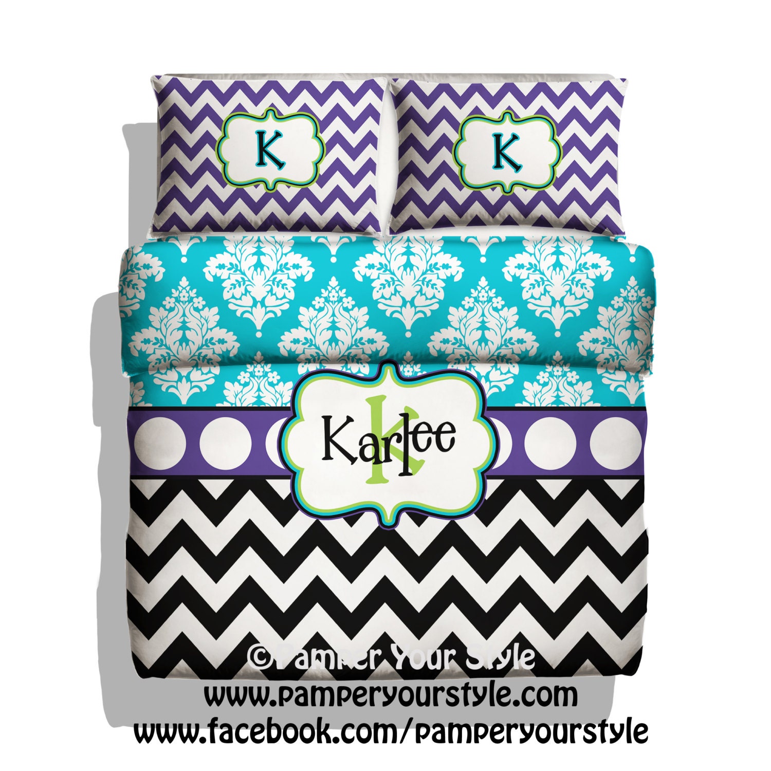 Chevron Bedding Chevron and Damask Purple and Turquoise - Etsy