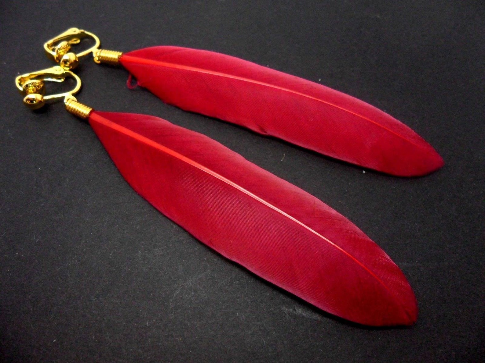 A Pair of Long Red Feather Dangly Clip on Earrings. | Etsy