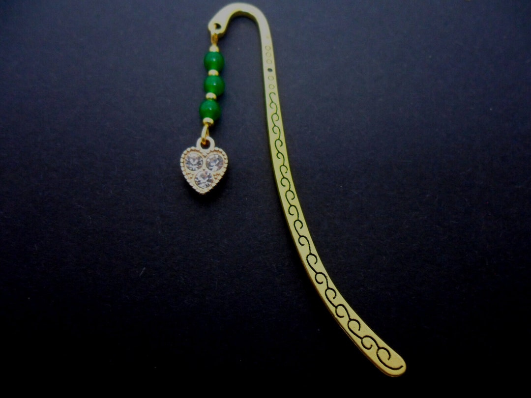 A Pretty Hand Made Gold Colour Heart Charm Bookmark With Green Jade ...