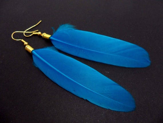 A Pair of Long Blue Feather Dangly Earrings. | Etsy