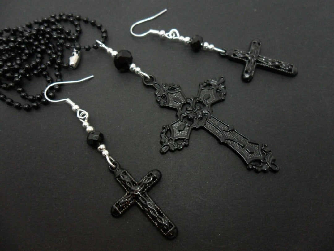 A Hand Made Black Cross Necklace and Earring Set. 27" Black Ball Chain ...