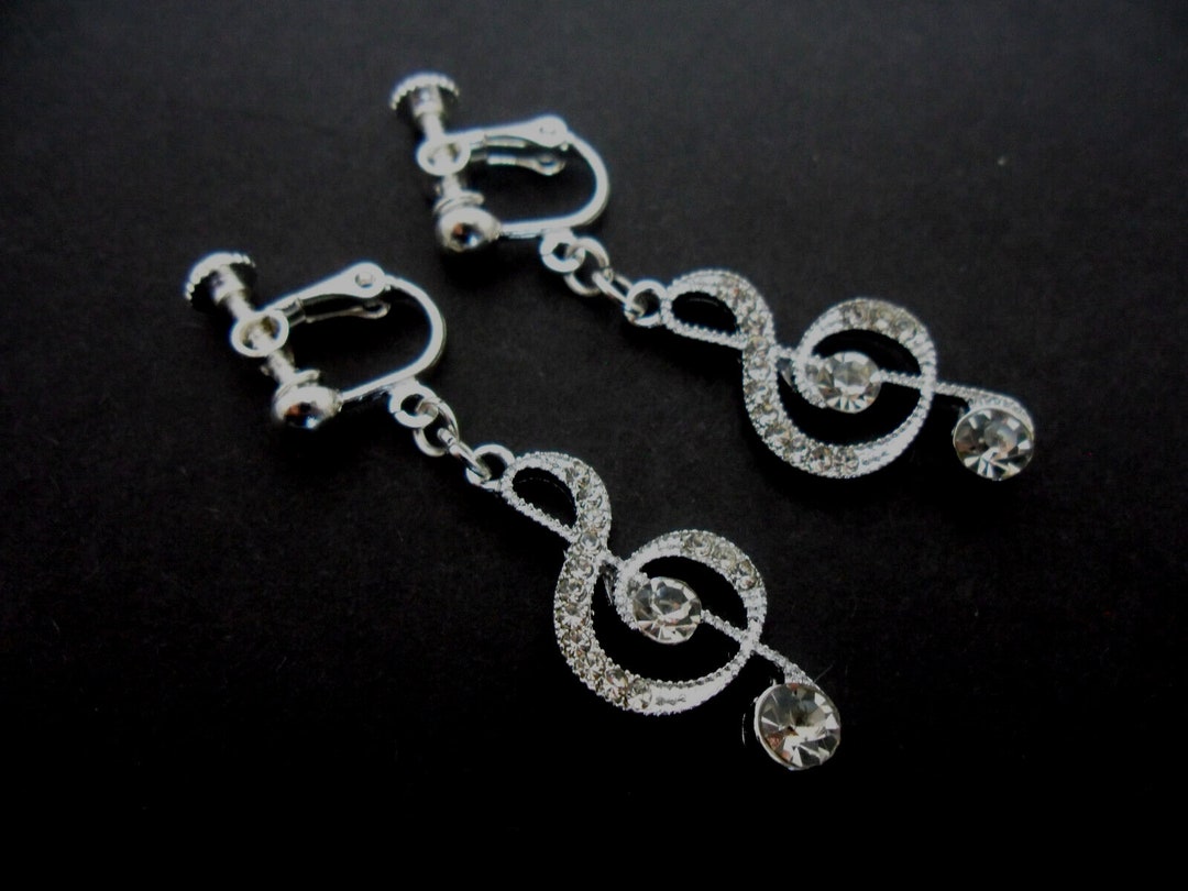 A Pair of Cute Tibetan Silver Crystal Treble Clef Musical Note Themed ...