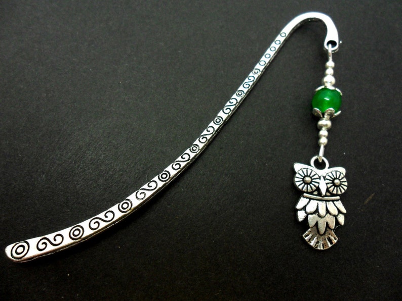 A tibetan silver owl and green jade bead bookmark. 9cm long. | Etsy