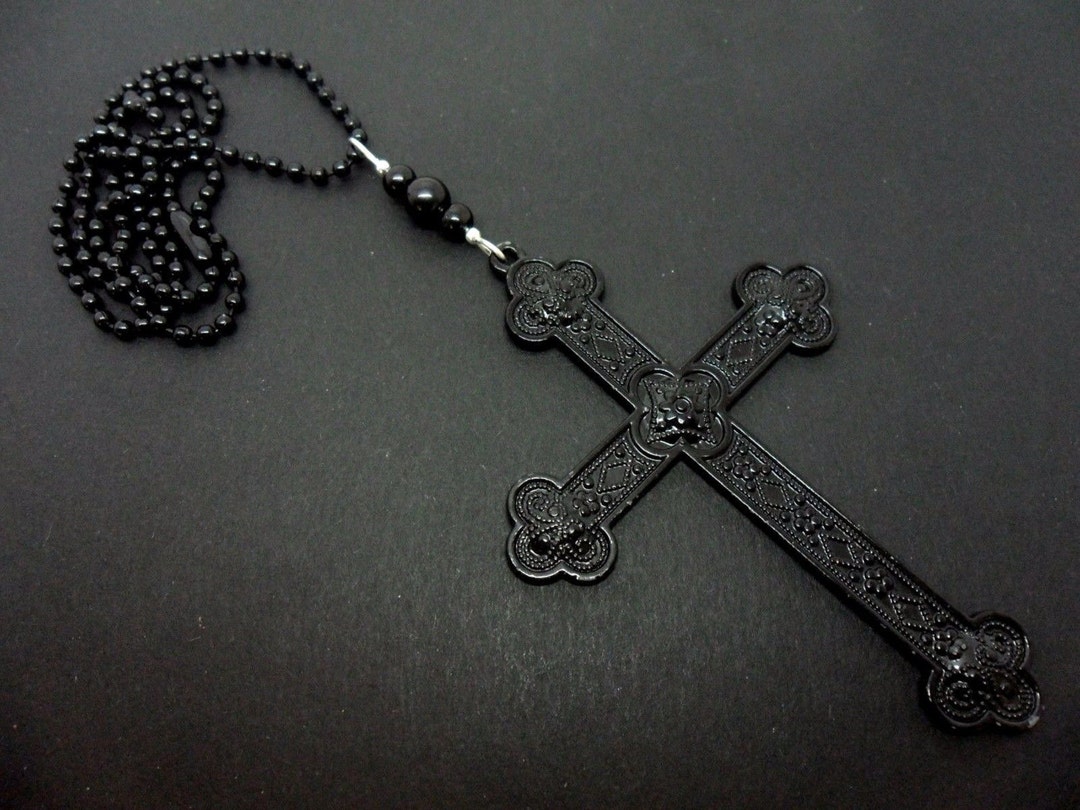 A Lovely Large Black Cross Themed Pendant Necklace. 18" Black Ball ...