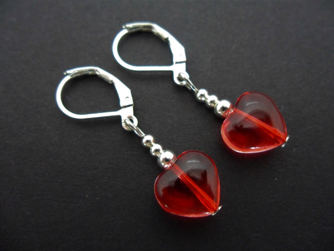A Pair of Pretty Little Red Glass Heart Themed Dangly Leverback Hook ...