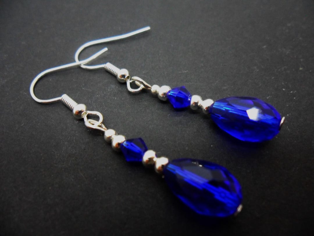 A Pair of Pretty Silver Plated Cobalt Blue Glass Crystal Teardrop Bead ...