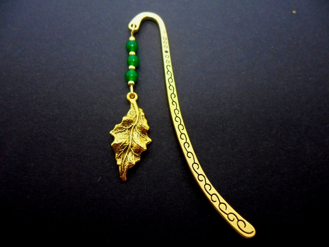 A Pretty Hand Made Gold Colour Leaf Charm Bookmark With Green Jade ...