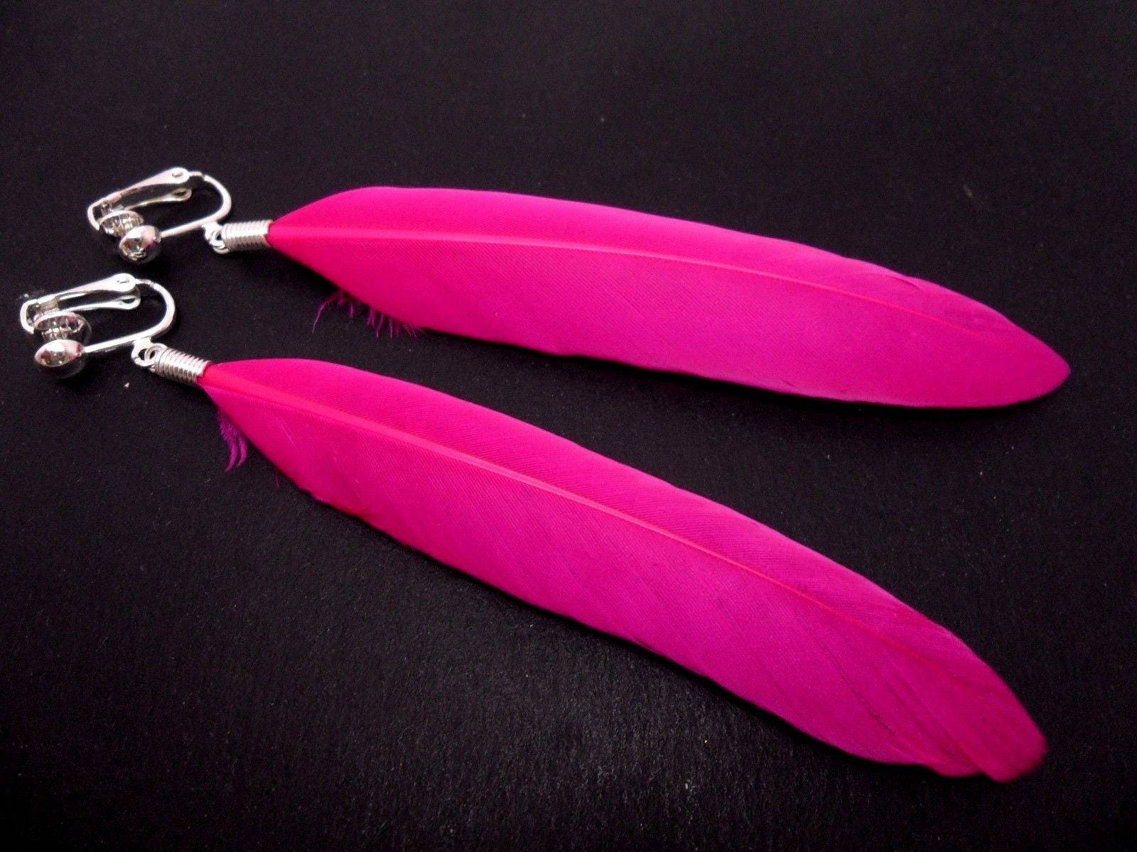 A Pair of Long Bright Pink Feather Clip on Dangly Clip on Earrings. - Etsy