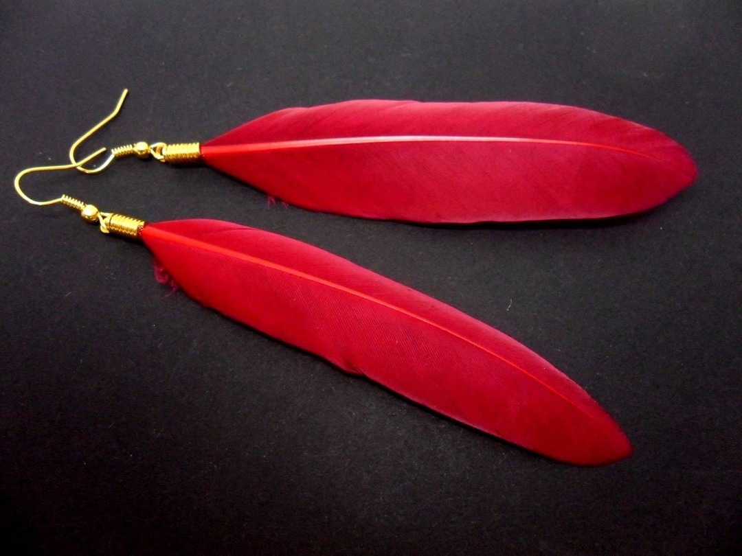 A Pair of Long Red Feather Dangly Earrings. New. - Etsy