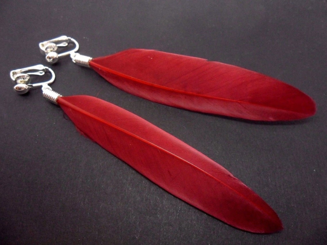A Pair of Long Red Feather Dangly Clip on Earrings. | Etsy