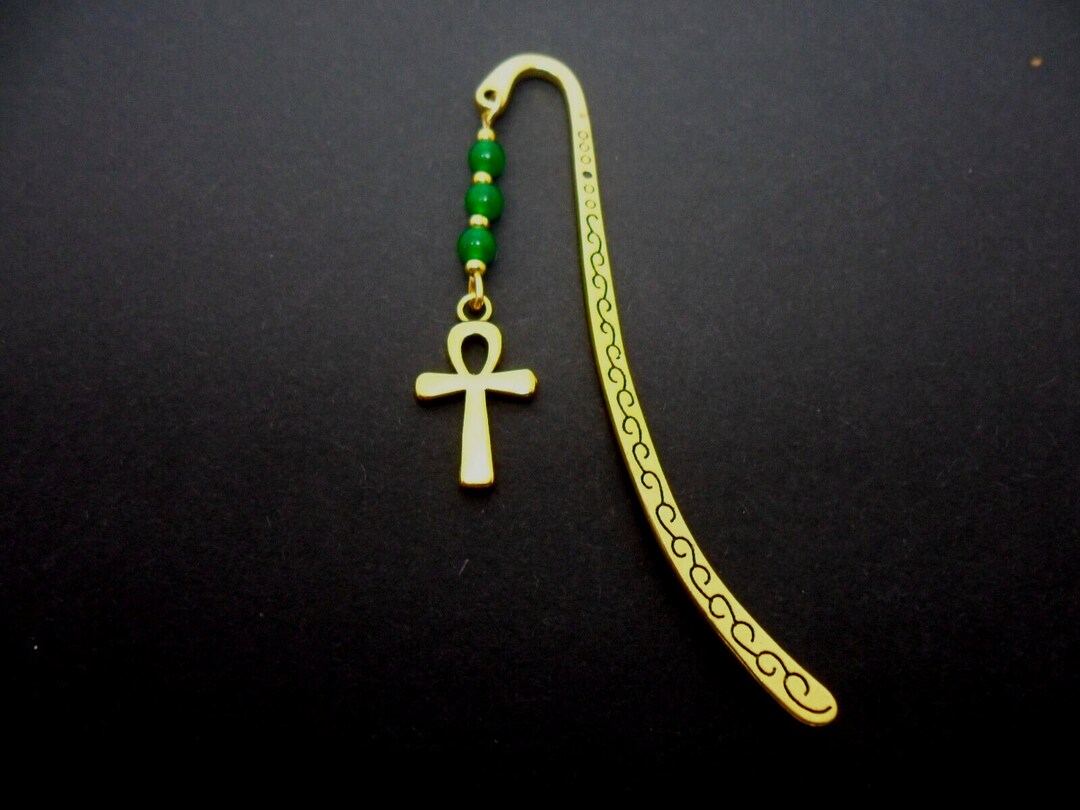A Pretty Hand Made Gold Colour Ankh Cross Charm Bookmark With Green ...