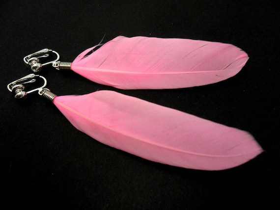 A Pair of Long Pink Feather Clip on Dangly Clip on Earrings. - Etsy