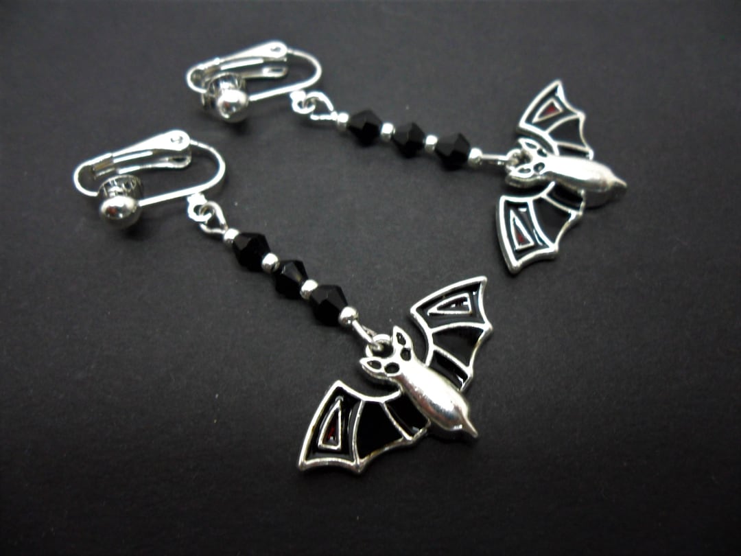 A Pair of Hand Made Bat Themed Black Enamel Dangly Halloween Clip on ...