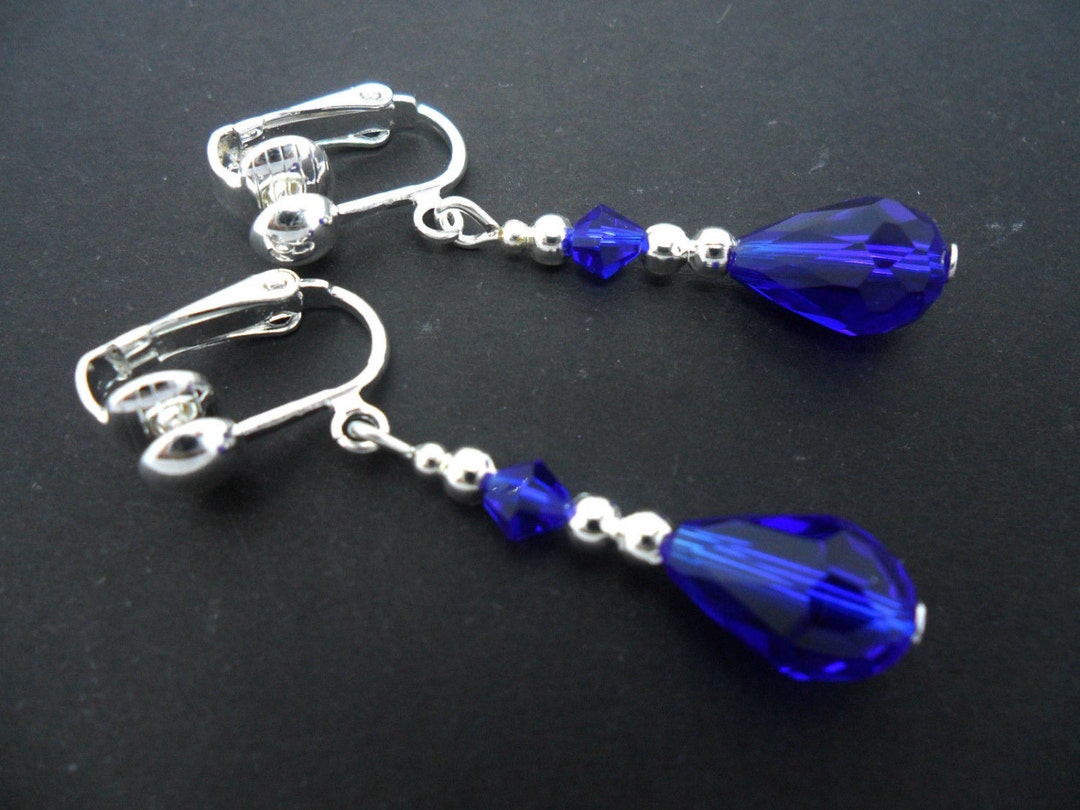 A Pair of Pretty Silver Plated Cobalt Blue Glass Crystal Teardrop Bead ...