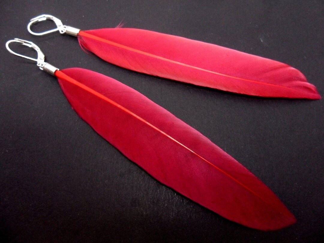 A Pair of Long Red Feather Dangly Leverback Hook Earrings. - Etsy