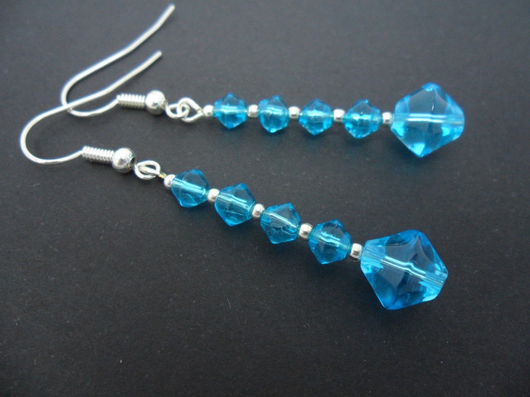 A Pair of Pretty Hand Made Blue Glass Crystal Bead Dangly Earrings. - Etsy