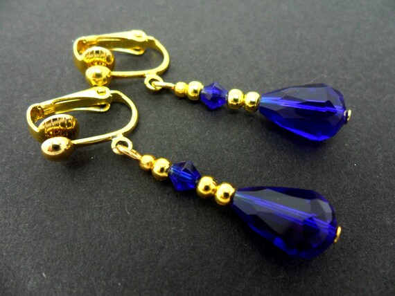 A Pair of Pretty Gold Plated Cobalt Blue Glass Crystal - Etsy
