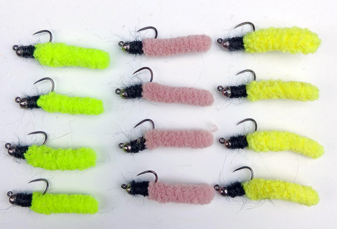 12 Fly Fishing Mop Flies: Bead Head Nymphing, Barbless #10 Jig Hook ...