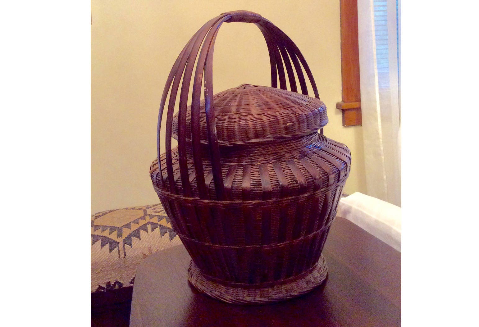 Vintage Handmade Basket, Oval Shaped Domed Lid Wicker Willow Basket W ...
