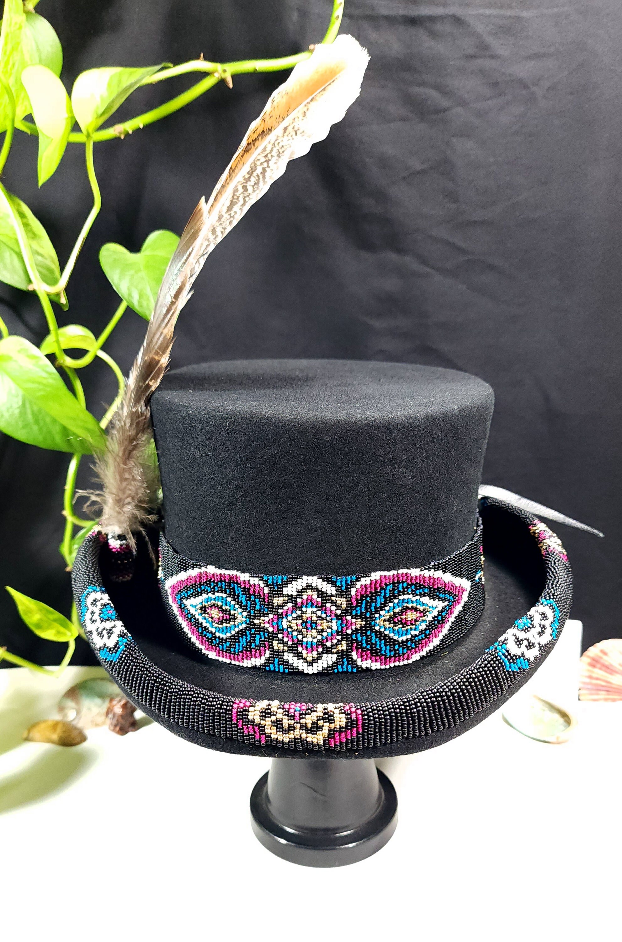 STUNNING 100% Wool Top Hat Hand Beaded in an Original Pattern, Wide Hat ...