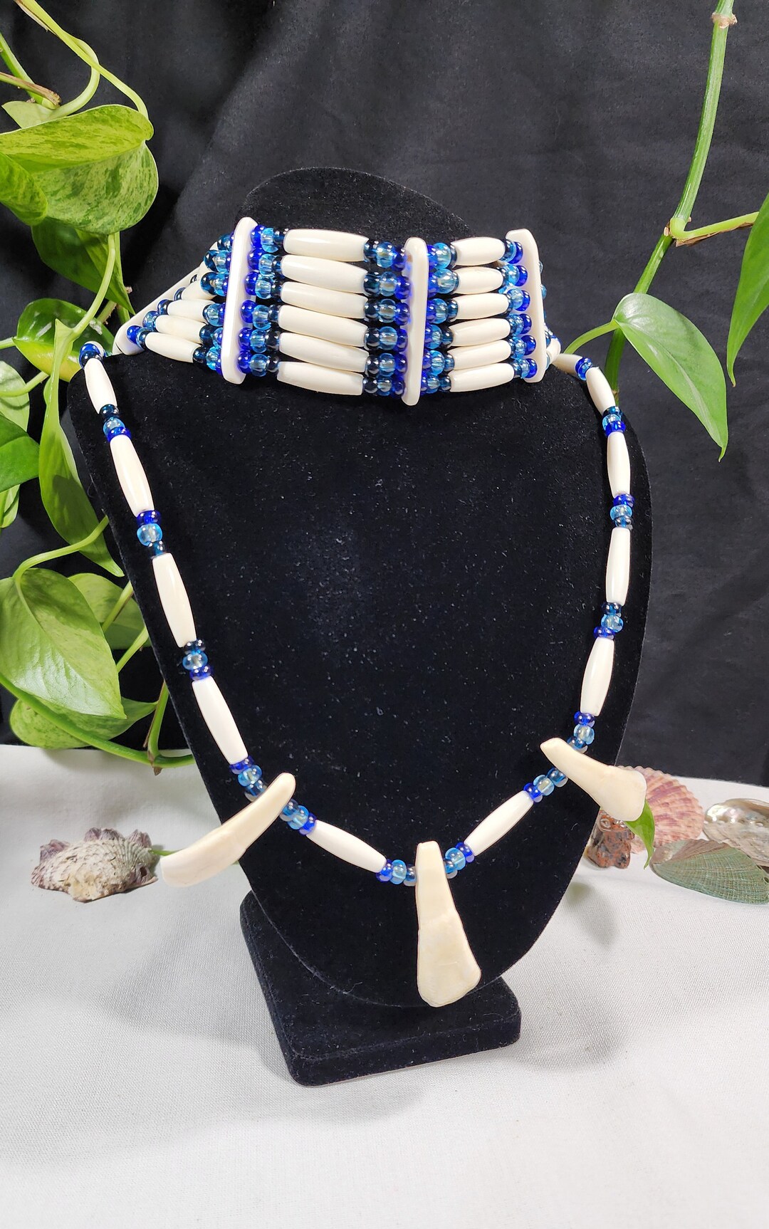 6 Strand Bone Choker in Shades of Blues With Matching Elk Tooth ...