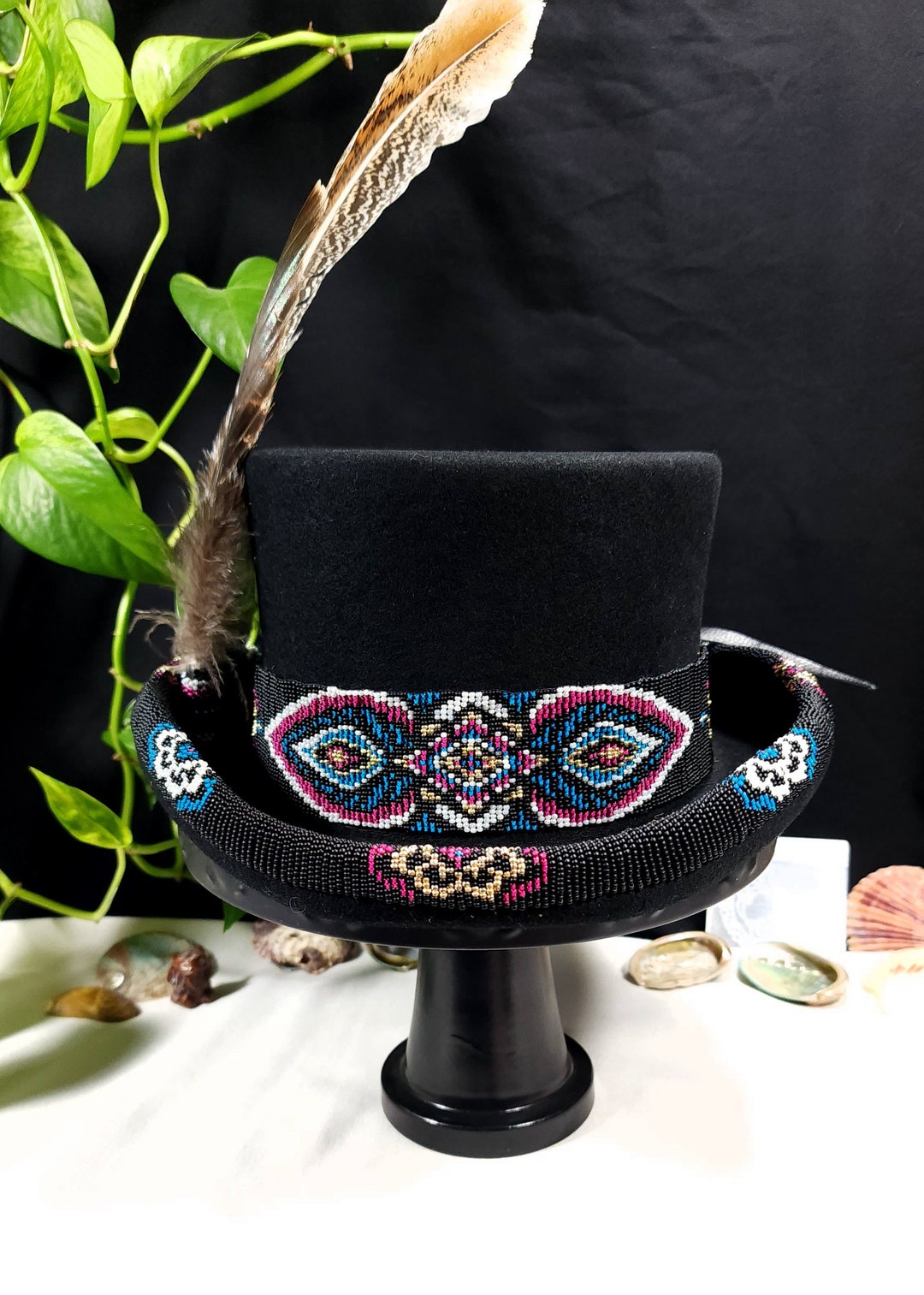 STUNNING 100% Wool Top Hat Hand Beaded in an Original Pattern, Wide Hat ...