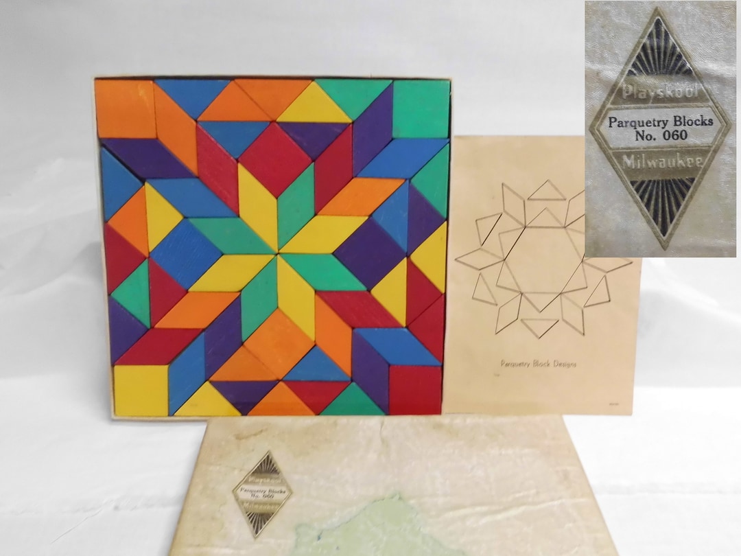 Playskool Parquetry Blocks No 060 Wood Puzzle Tiles Complete in Box ...