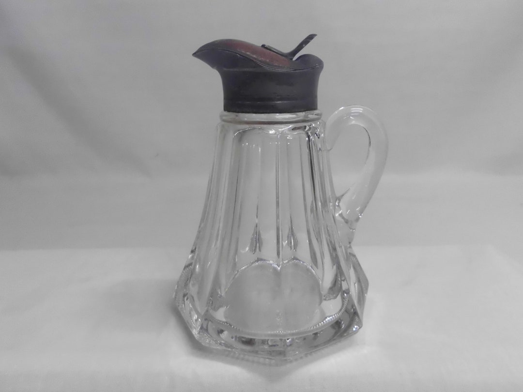 Antique Glass Syrup Pitcher With Metal Spout & Lid Octagon Shape ...
