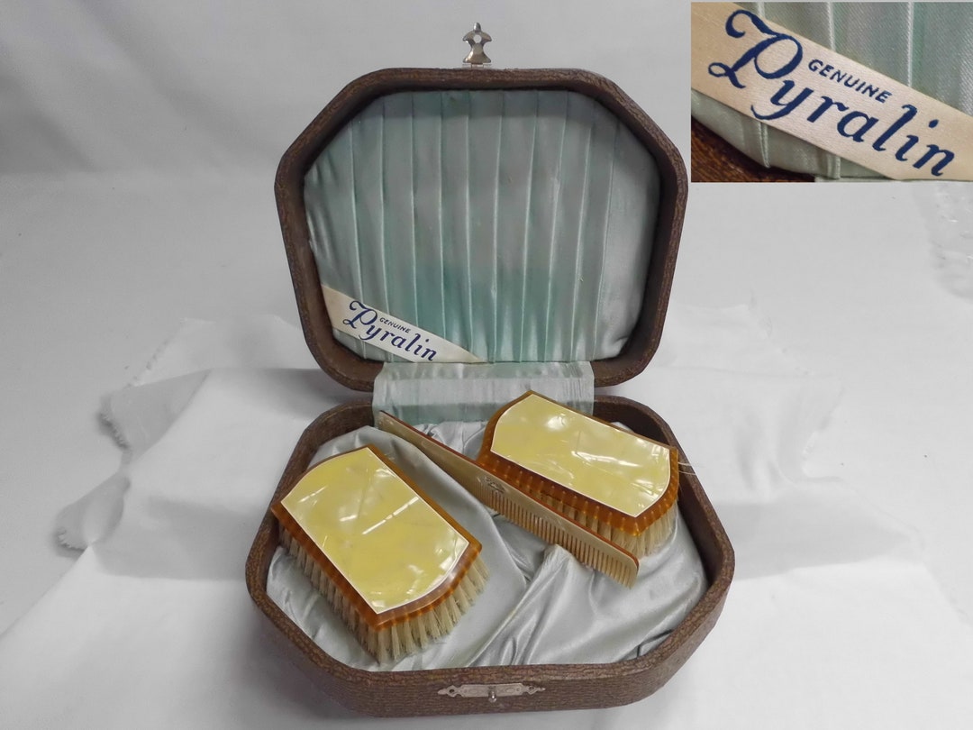 Antique Yellow Celluloid Pyralin Mayflower 2 Brushes & Comb Dresser Set ...