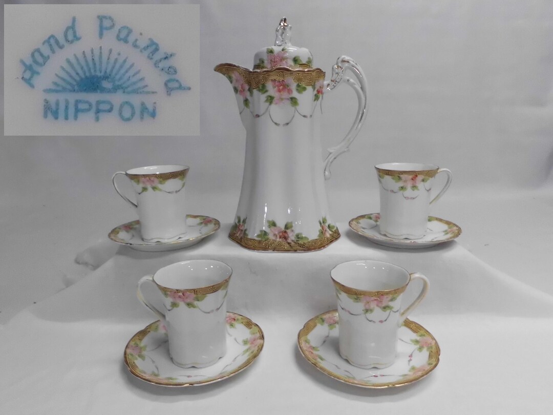 Nippon Chocolate Pot W/ 4 Cups & Saucers Set Vintage Rising Sun Mark ...