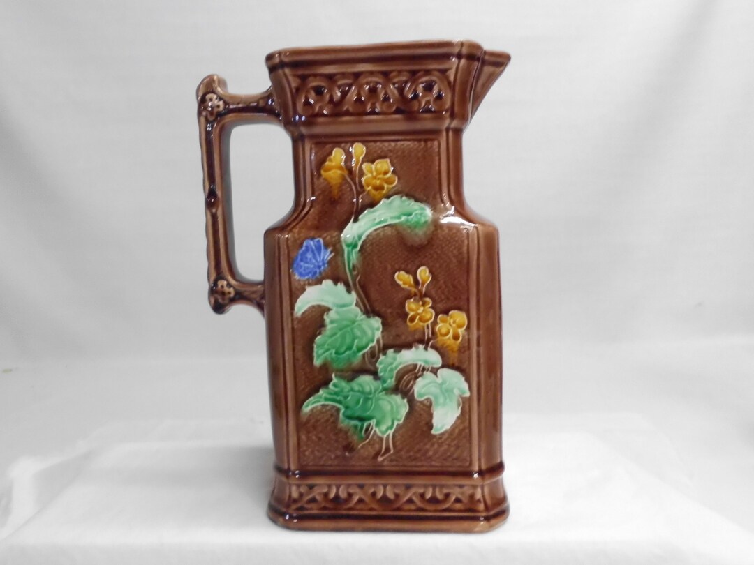 Majolica Pitcher Yellow & Blue Flowers on Brown Unusual Rectangular ...