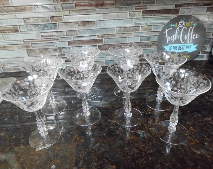 Set of 8 Etched Cambridge Glass Stem 3779 Roselyn Coups Tall Champagne ...