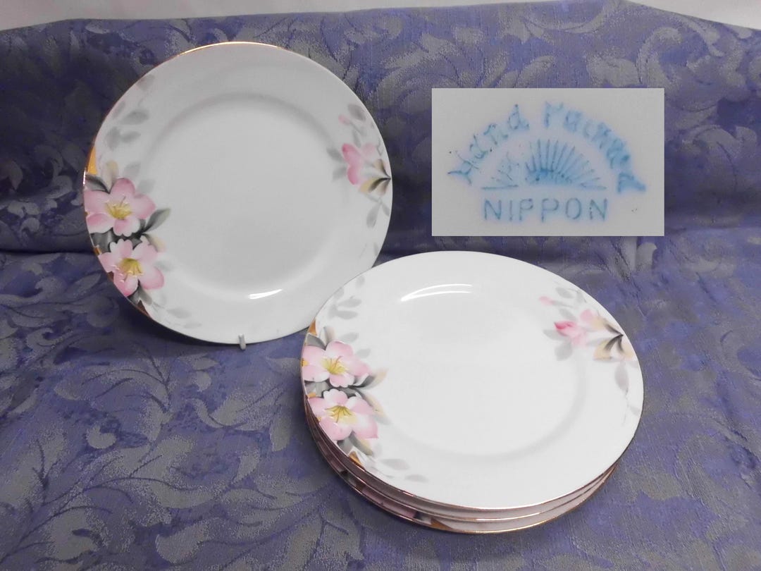 Nippon Plates Azalea Set of 5 Luncheon 7.75" Hand Painted Pink Flowers ...