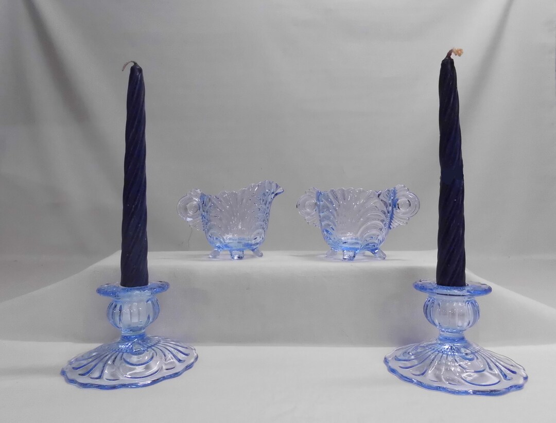Cambridge Glass Blue Caprice Candlesticks With Creamer & Open Sugar ...