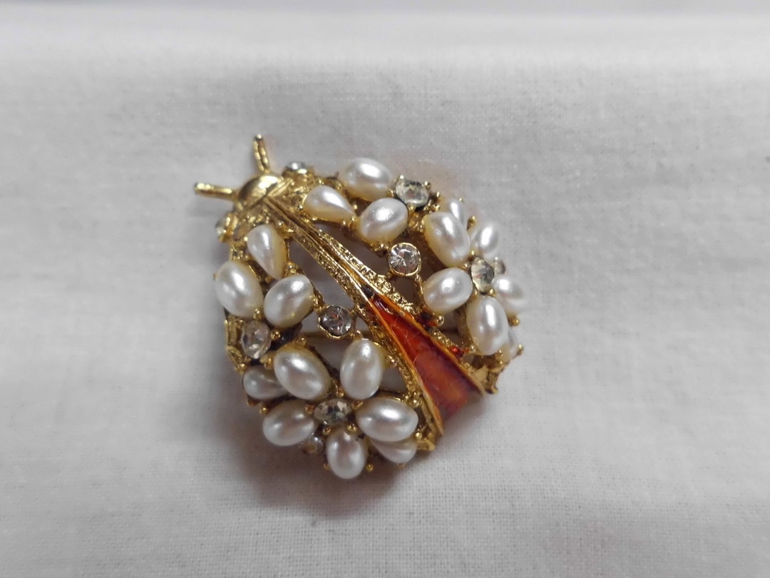 ART Enameled Ladybug Brooch Faux Pearls & Rhinestones in Gold Tone ...