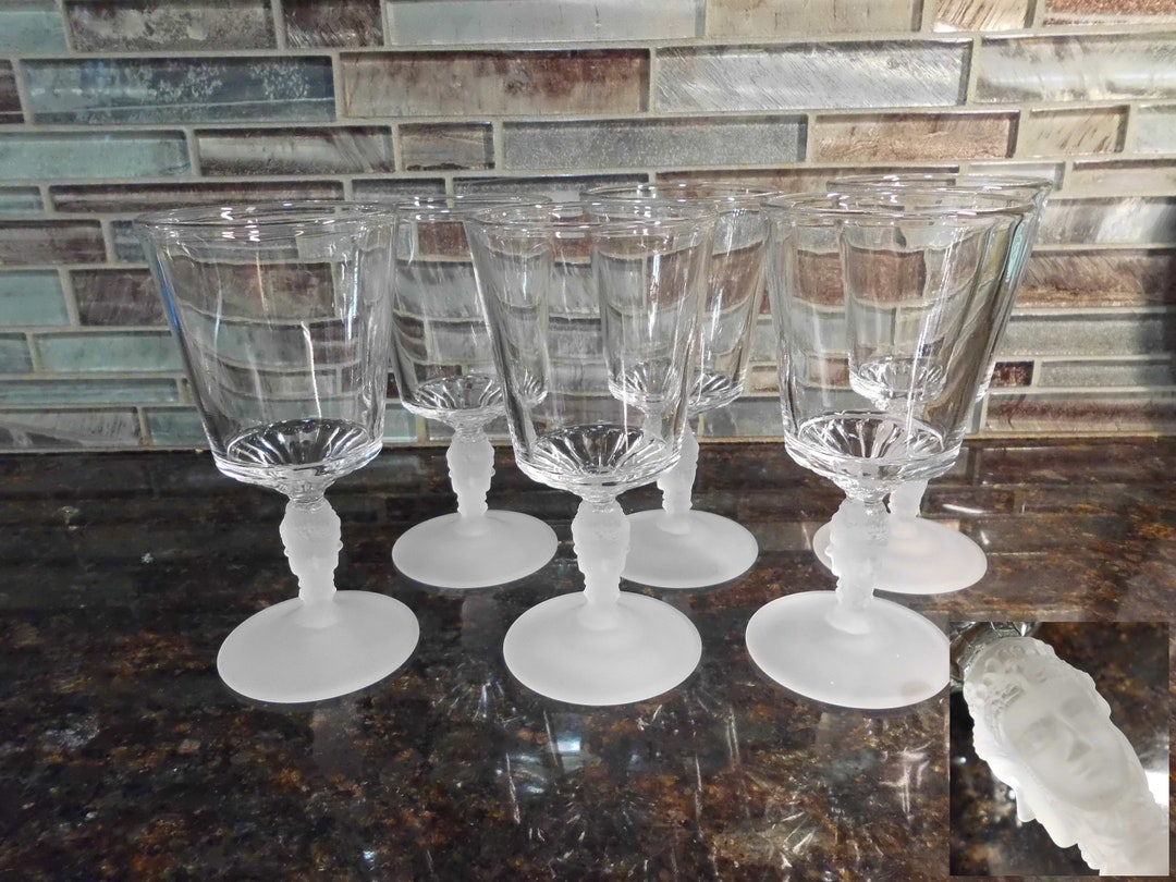Set of 6 Three Faces Goblets Vintage EAPG Clear Bowl Frosted Stem 5oz ...