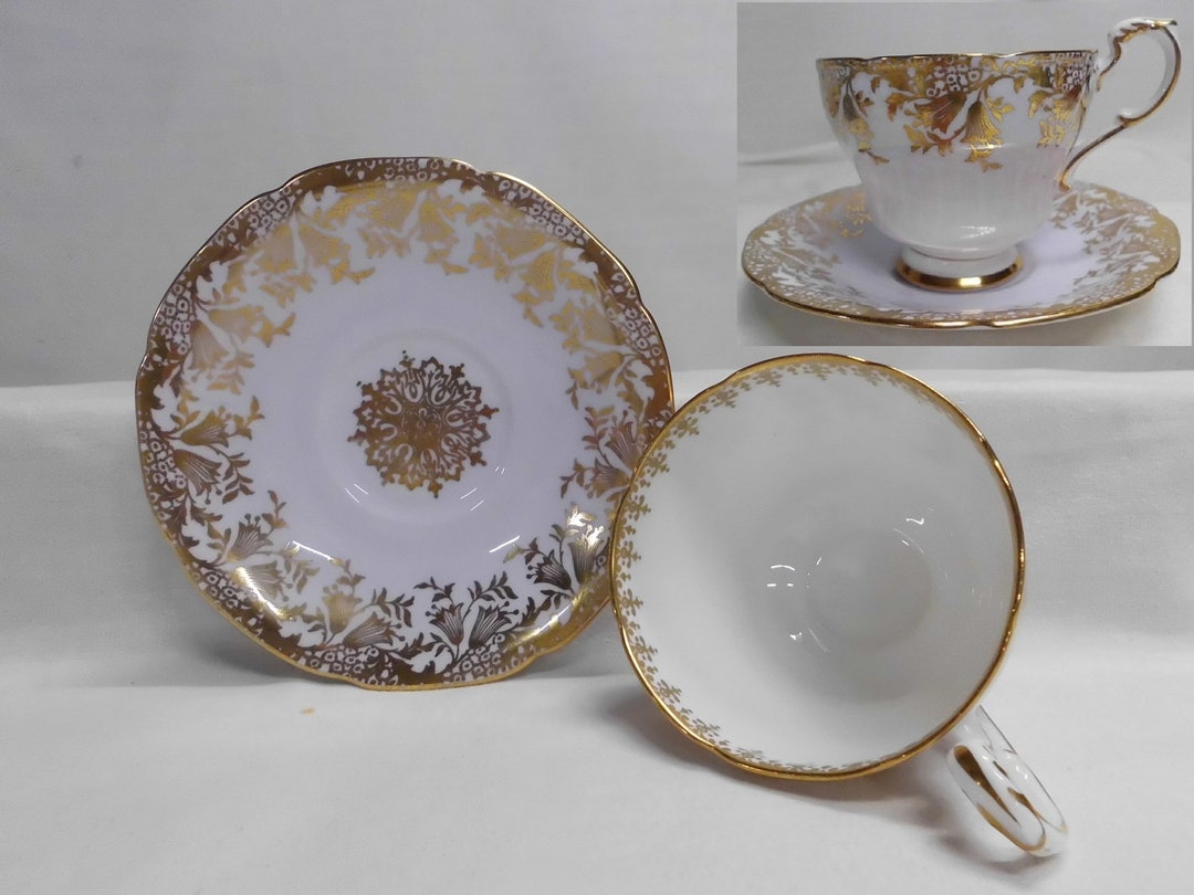 Paragon Tea Cup & Saucer Lavender Encrusted Gold Bell Flowers Foliage ...