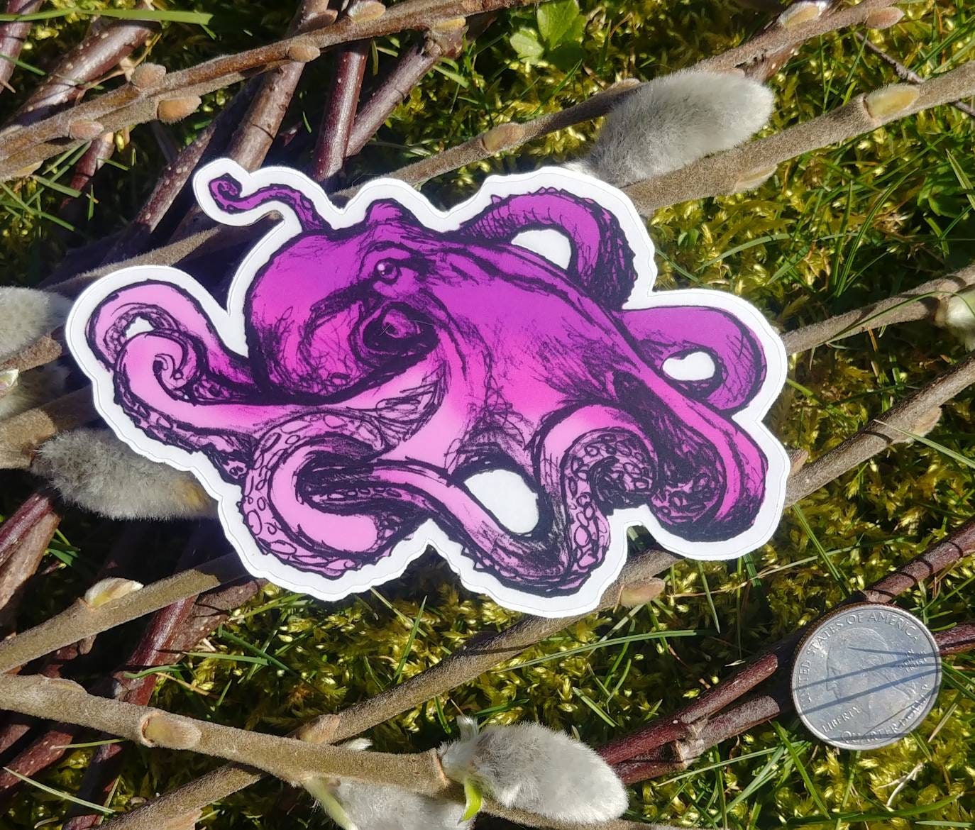 Magenta pink octopus vinyl sticker | Etsy