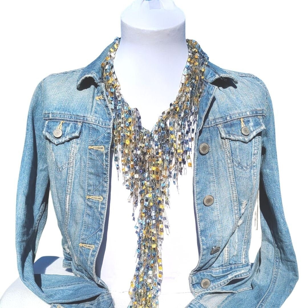 Jean Jacket Jewelry Scarf Necklace, Denim Textile Jewelry, Chunky Yarn ...