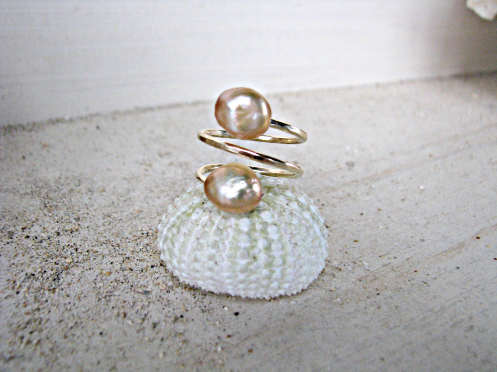 Double Pearl Ring, Pearl Gold Ring, Golden Pearls, Coiled Ring ...